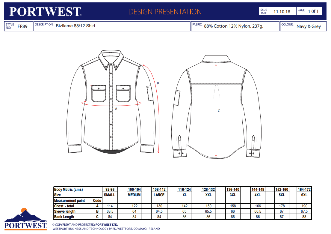 Portwest FR89 Bizflame 88/12 FR Shirt - Navy | Full Source