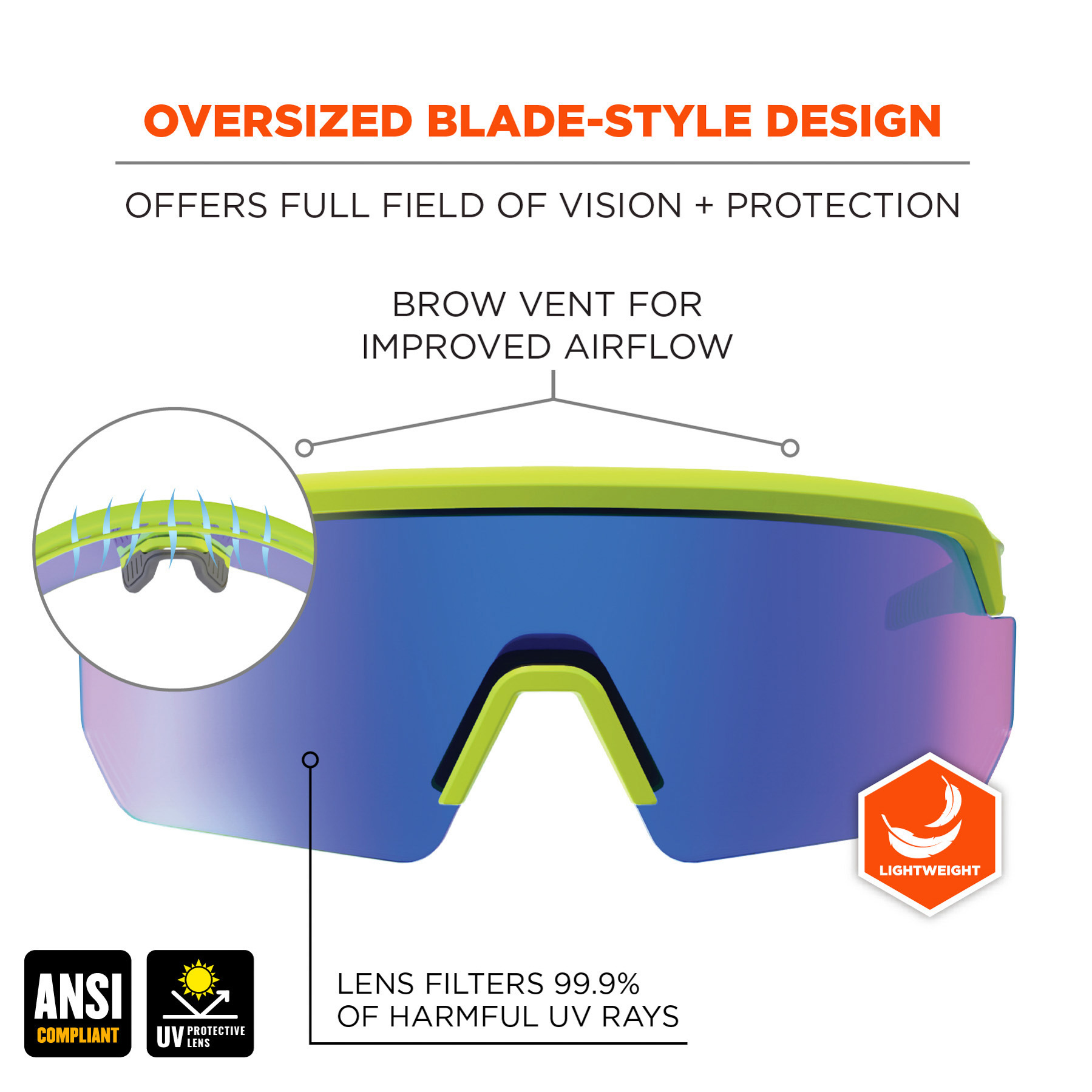 Ergodyne Aegir 55017 Safety Glasses - Lime Frame - Blue Mirror Lens ...
