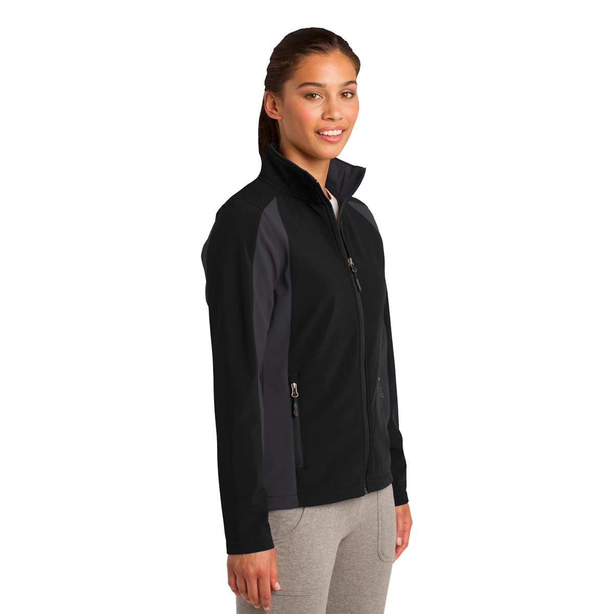Sport-Tek LST970 Ladies Colorblock Soft Shell Jacket - Black/Iron Grey ...