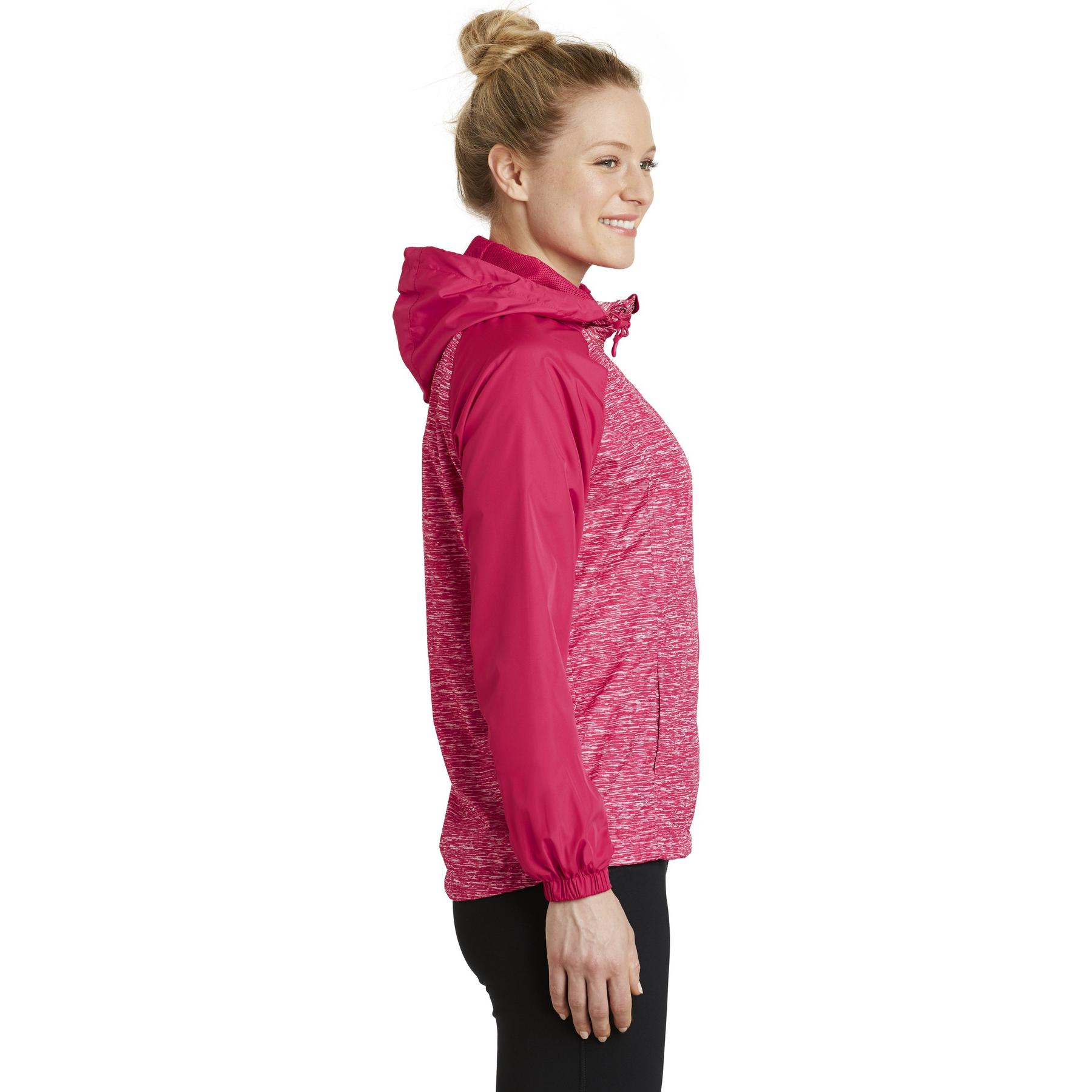 Sport-Tek LST40 Ladies Heather Colorblock Raglan Hooded Wind Jacket ...